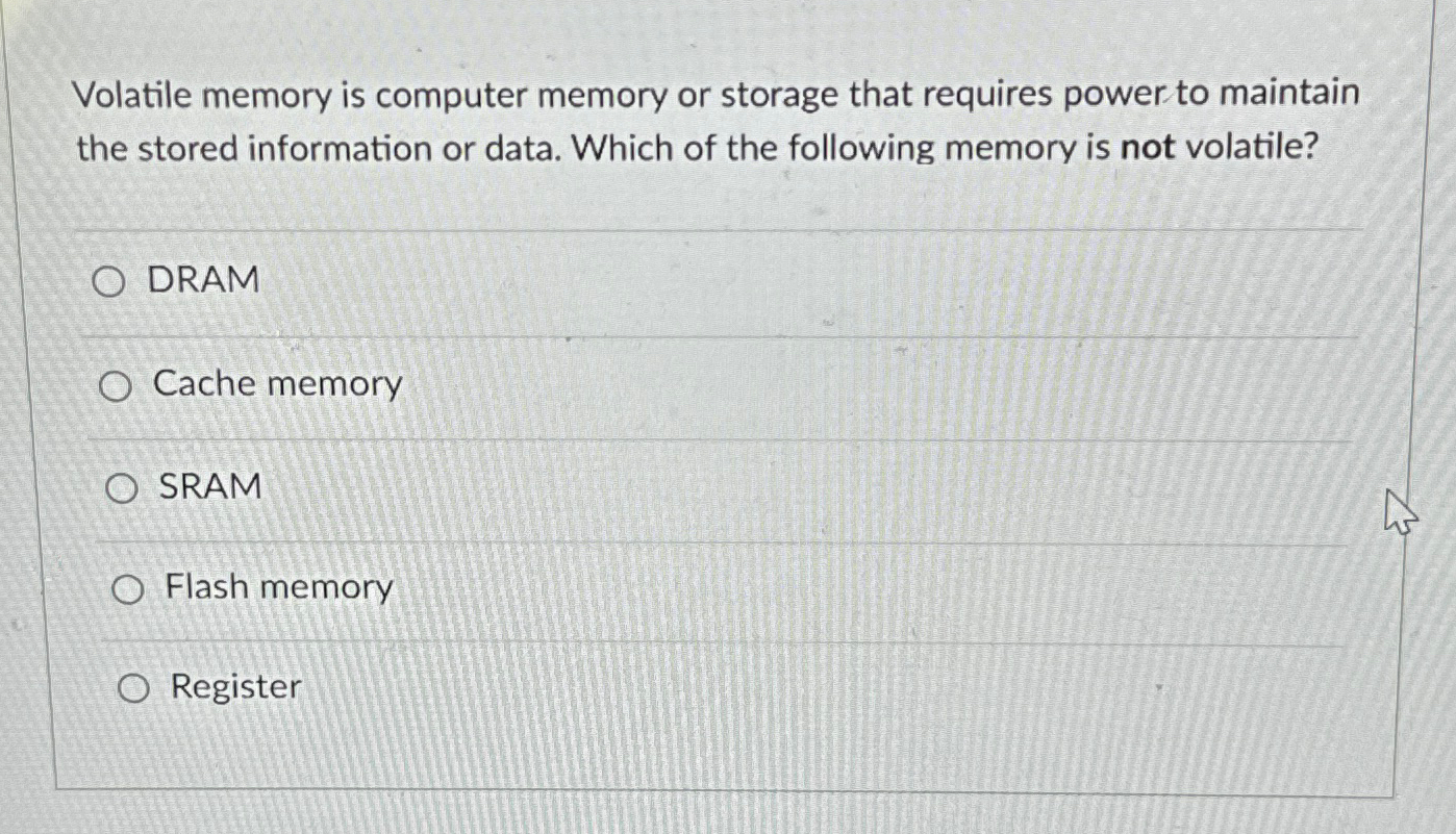 Solved Volatile memory is computer memory or storage that | Chegg.com