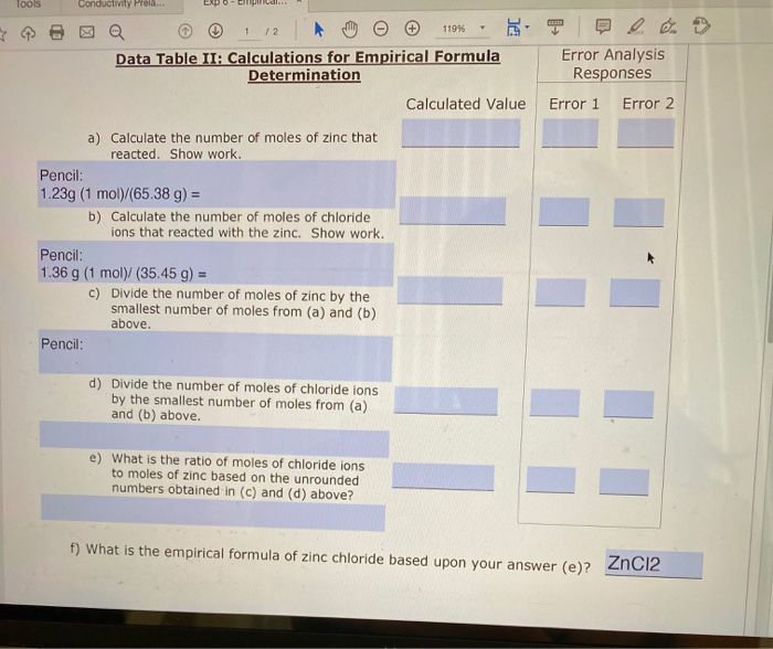 Solved 1 / 2 119% DE G I. Empirical Formula of Zinc Chloride | Chegg.com