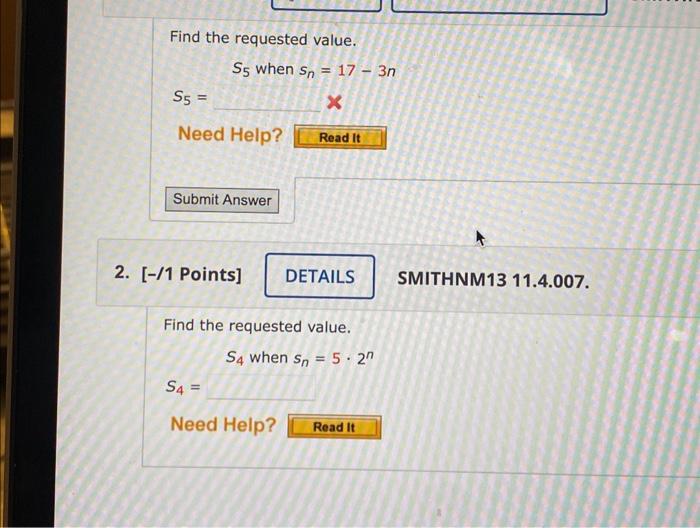 Solved S5 when sn=17−3n S5= -11 Points] Find the requested | Chegg.com