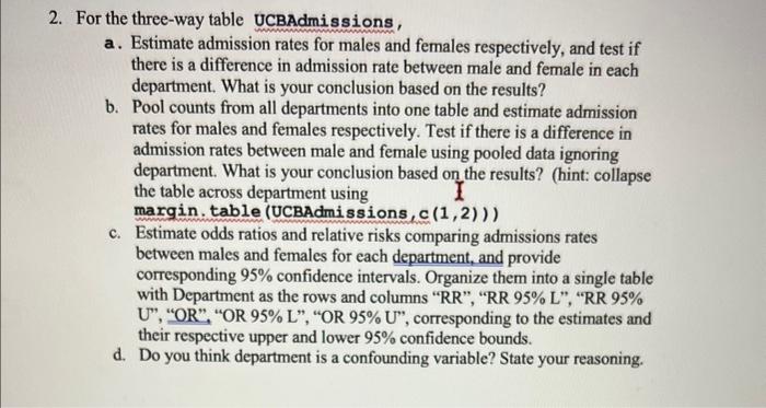 Solved 2. For the three-way table UCBAdmissions, a. Estimate | Chegg.com