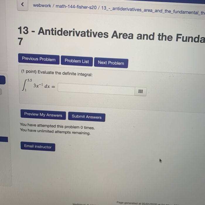 Solved webwork/math-144-fisher-s20/13_-_antiderivatives area | Chegg.com