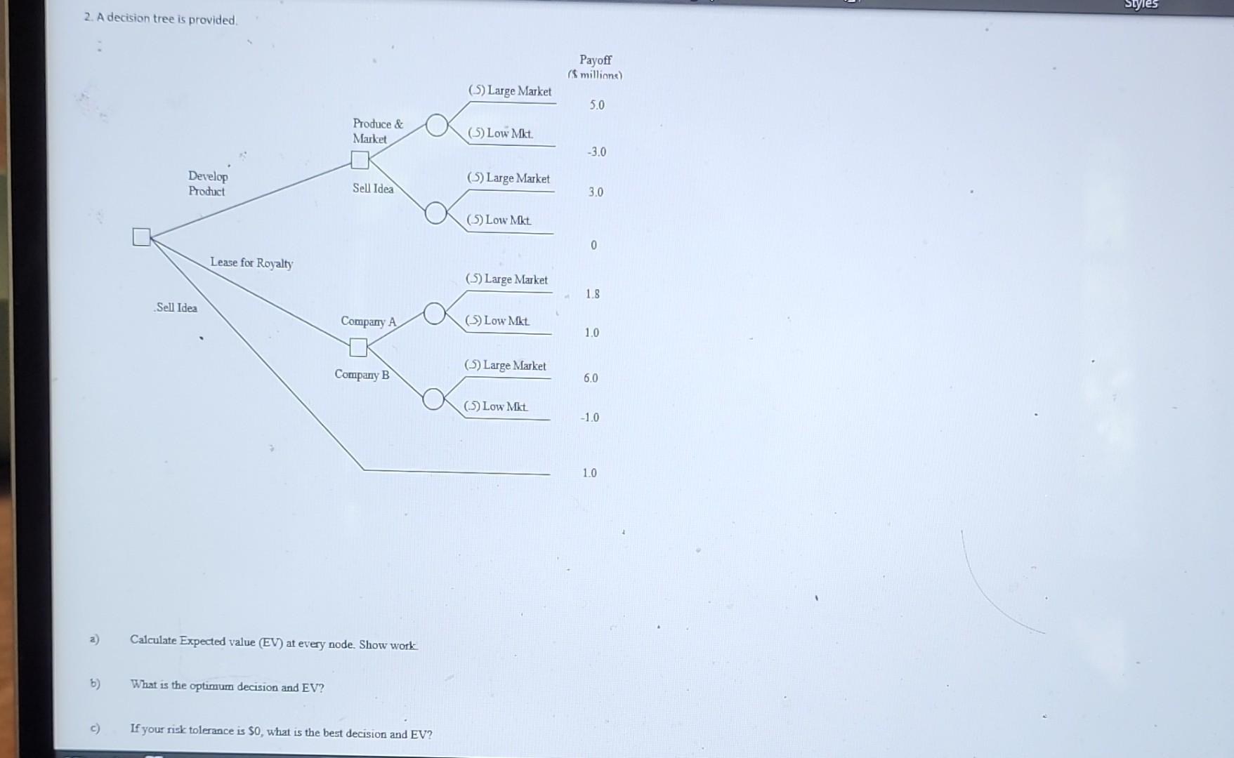 Solved 2. A decision tree is provided. a) Calculate Expected | Chegg.com