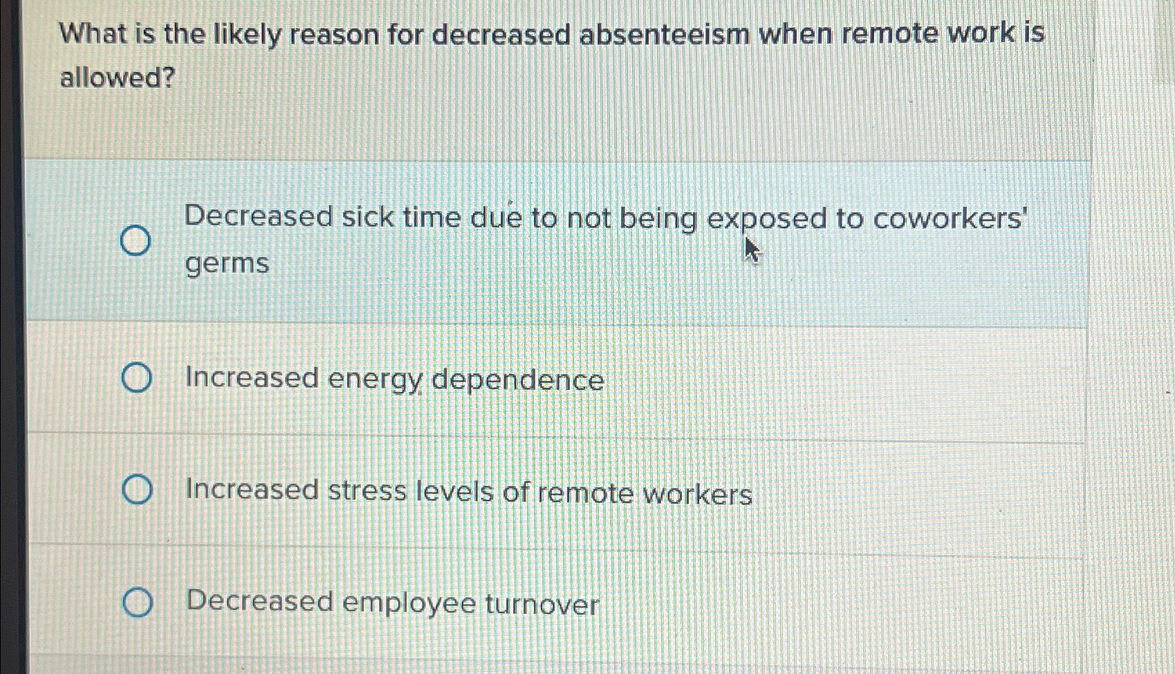 Solved What is the likely reason for decreased absenteeism | Chegg.com