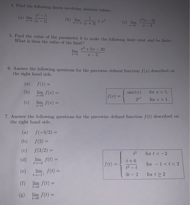 Solved 4. Find the following limits involving absolute | Chegg.com