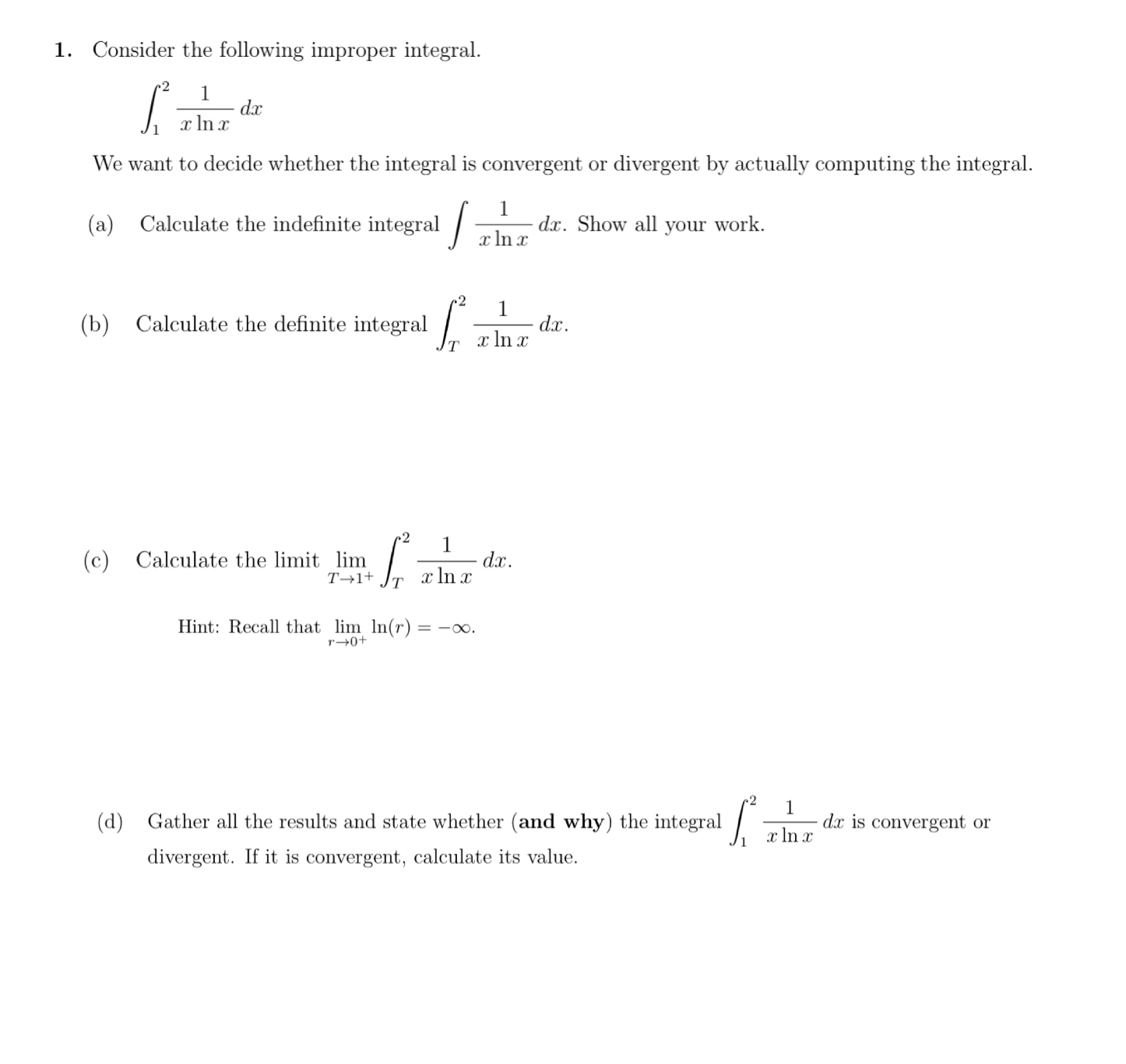 Solved Consider the following improper integral.∫121xlnxdxWe | Chegg.com