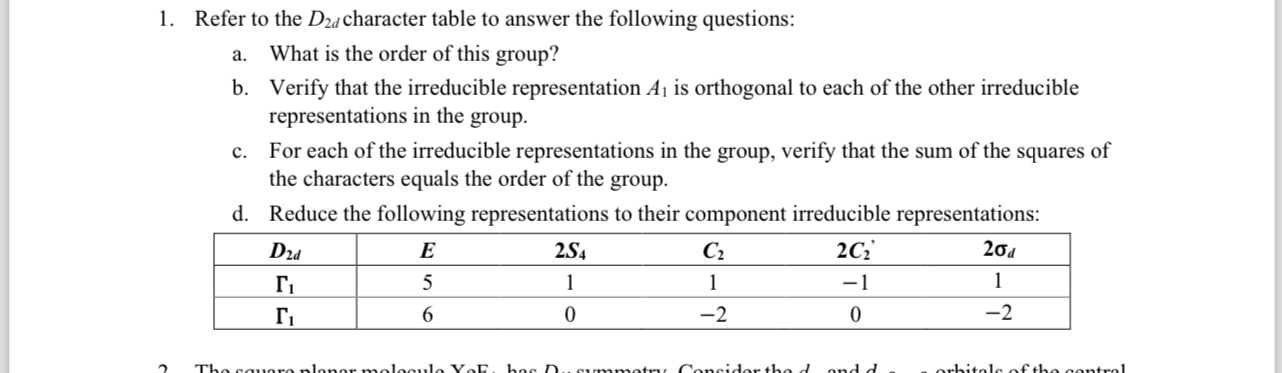 Solved Refer to the D2d ﻿character table to answer the | Chegg.com