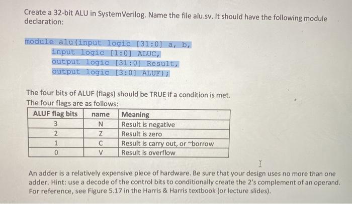 Create a 32-bit ALU in System Verilog. Name the file | Chegg.com