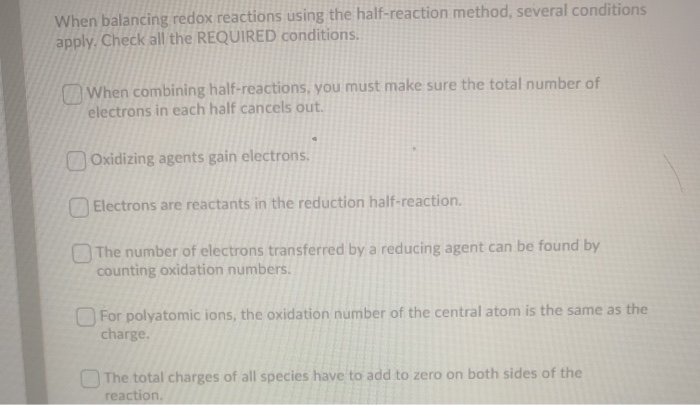 Solved When balancing redox reactions using the | Chegg.com
