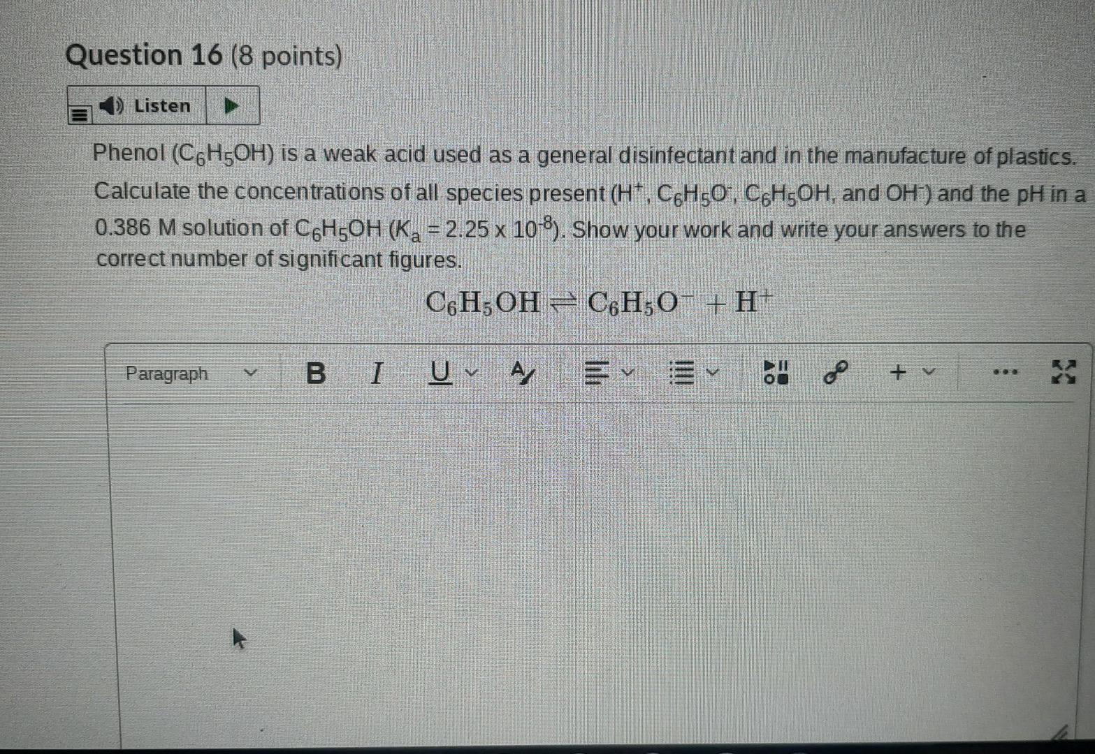 Solved Question 16 (8 points) Listen Phenol (C6H5OH) is a | Chegg.com