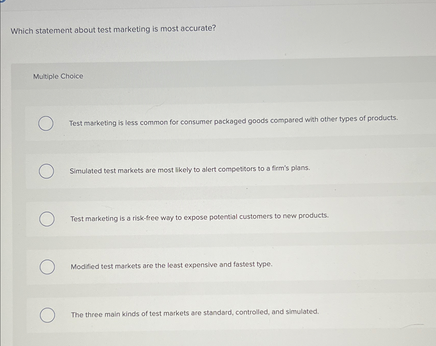 Solved Which statement about test marketing is most | Chegg.com