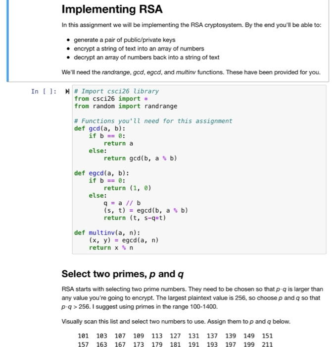 Implementing RSA In this assignment we will be | Chegg.com