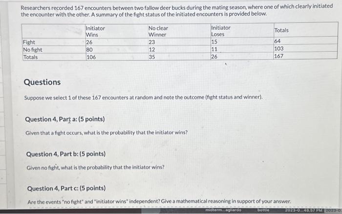 Solved Researchers recorded 167 encounters between two | Chegg.com