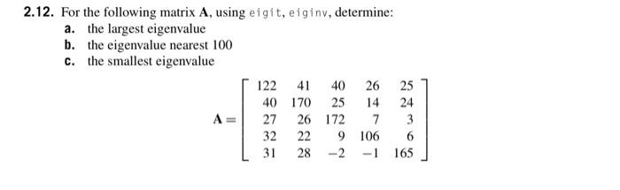 Solved 2.12. For the following matrix A, using eigit, | Chegg.com
