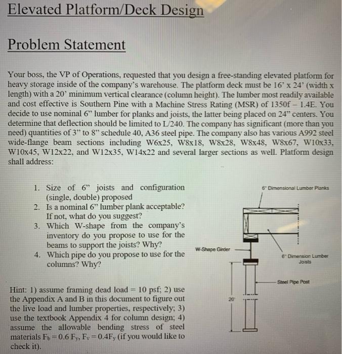 Solved Elevated Platform/Deck Design Problem Statement Your | Chegg.com