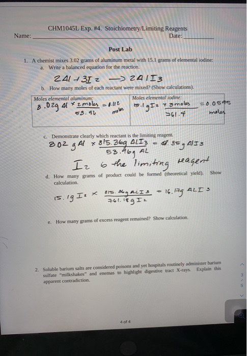 Solved CHM1045L Exp. #4. Stoichiometry/Limiting Reagents | Chegg.com