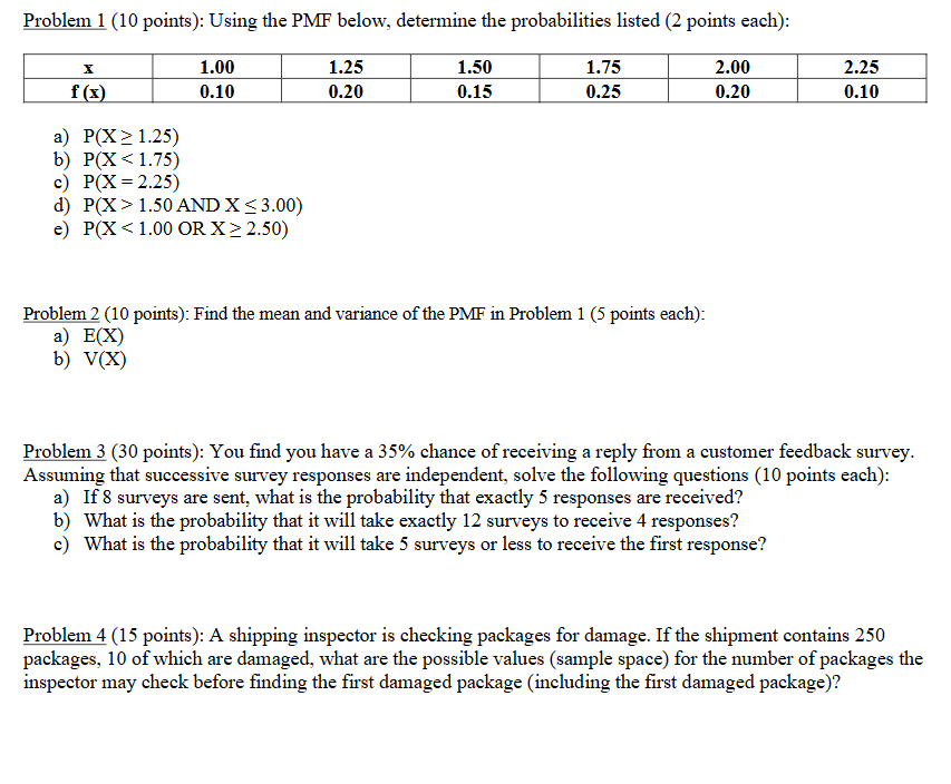 Solved Problem 1 (10 ﻿points): Using the PMF ﻿below, | Chegg.com