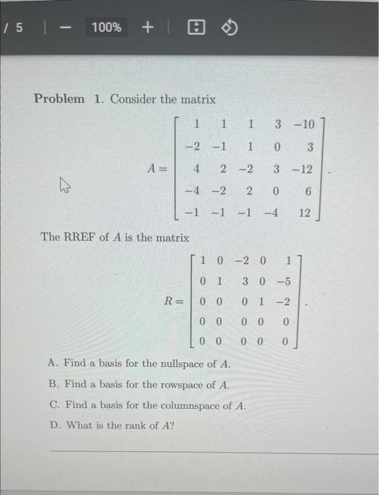 Solved Problem 1. Consider the matrix | Chegg.com