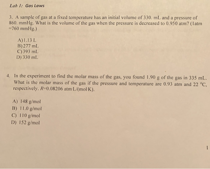 Solved Lab 1: Gas Laws 3. A sample of gas at a fixed | Chegg.com