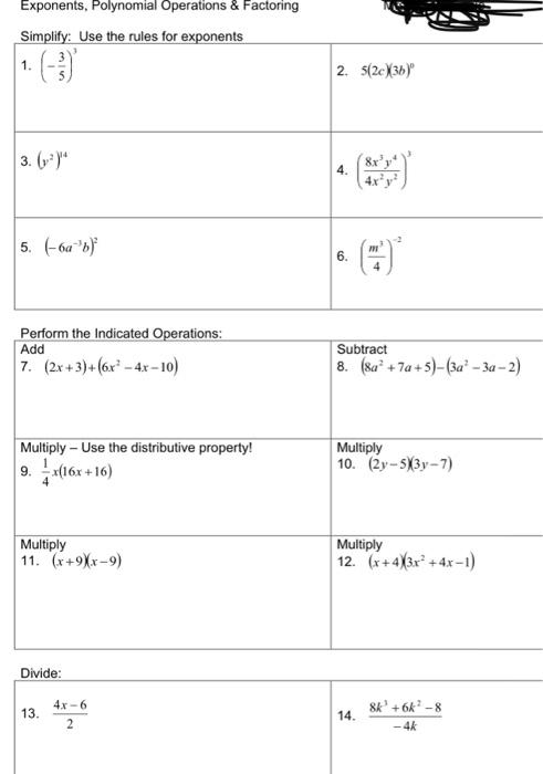 Solved Exponents, Polynomial Operations & Factoring | Chegg.com