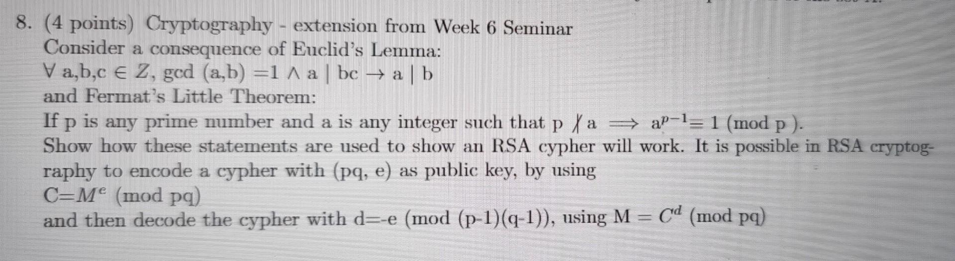 Solved 8. (4 points) Cryptography - extension from Week 6 | Chegg.com
