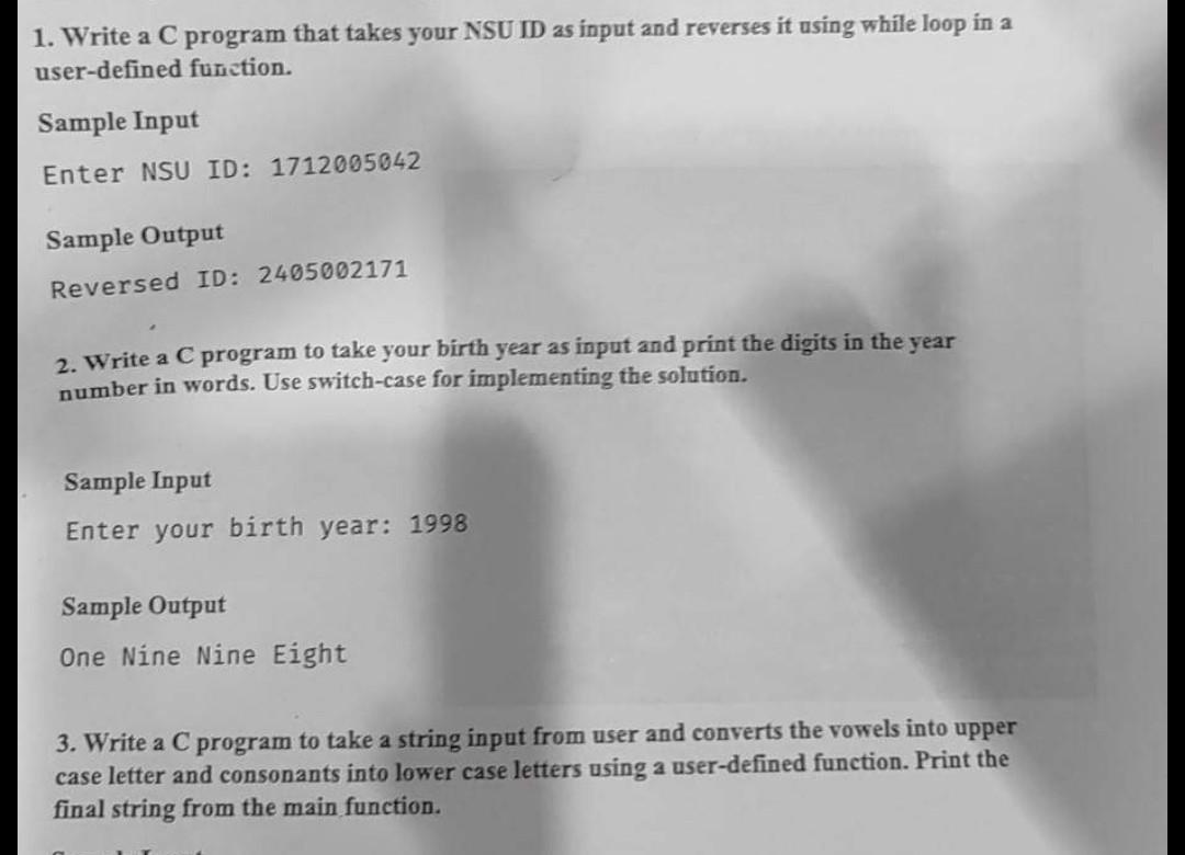 Solved 1. Write a C program that takes your NSU ID as input | Chegg.com