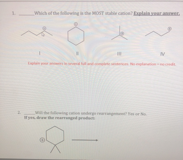 Solved Which of the following is the MOST stable cation? | Chegg.com