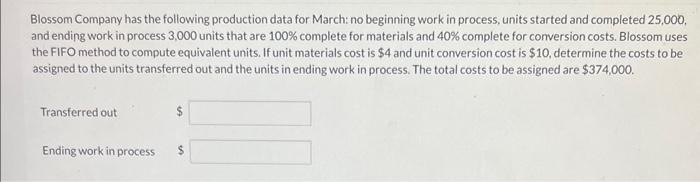 Solved Blossom Company has the following production data for | Chegg.com