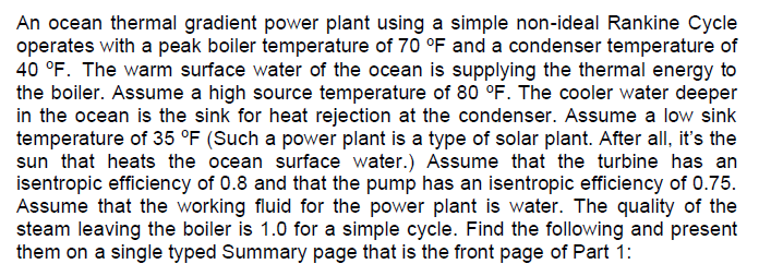 Solved An ocean thermal gradient power plant using a simple | Chegg.com