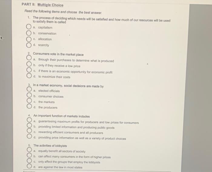 Solved PART II: Multiple Choice Road the following items and | Chegg.com