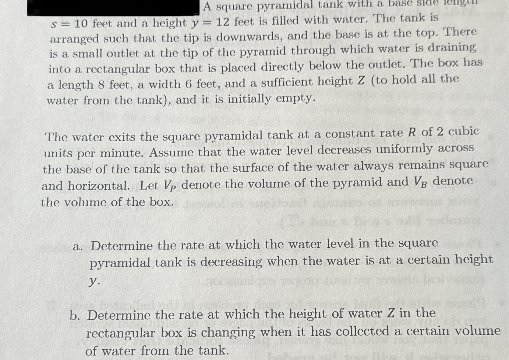 Solved A square pyramidal tank with a base side s=10 ﻿feet | Chegg.com