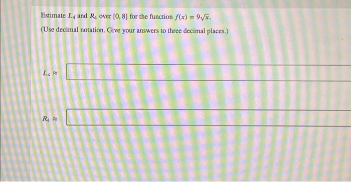 Solved Estimate L4 and R4 over [0, 8] for the function f(x) | Chegg.com