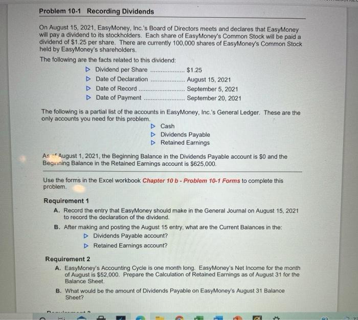 Solved Problem 10 1 Recording Dividends On August 15 2021 5205
