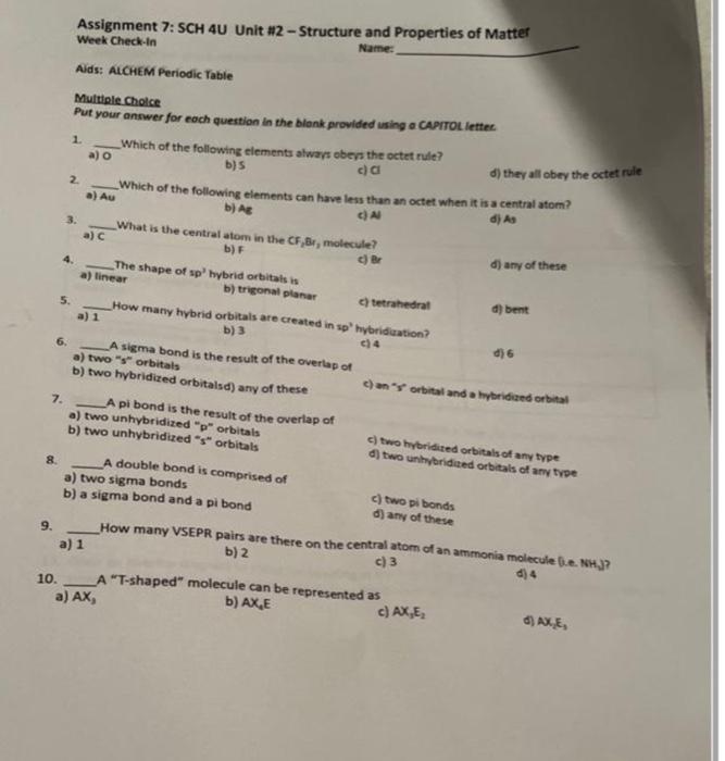 Solved Assignment 7: SCH4U Unit m2-Structure and Properties | Chegg.com