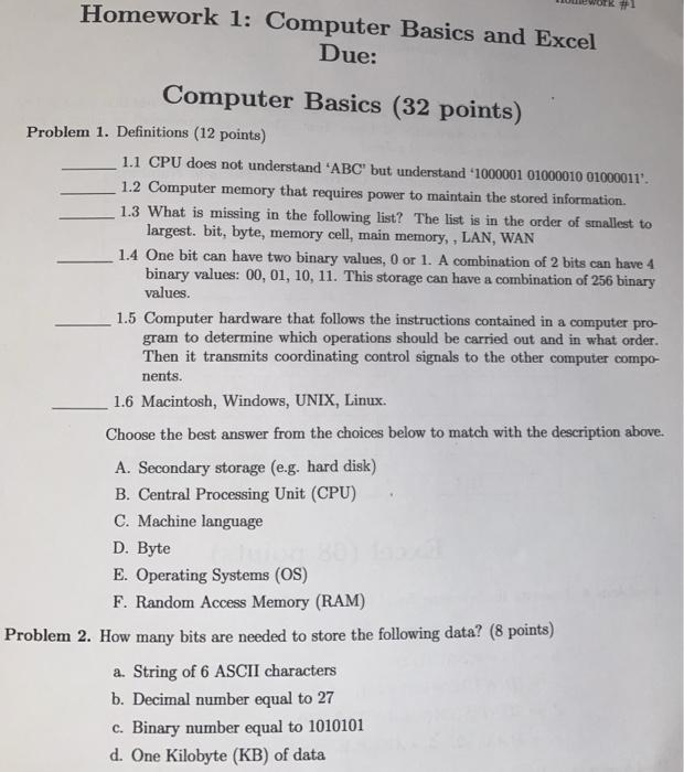 Solved #1 Homework 1: Computer Basics and Excel Due: | Chegg.com