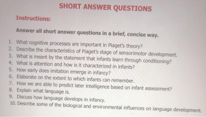 Solved SHORT ANSWER QUESTIONS Instructions: Answer all short | Chegg.com