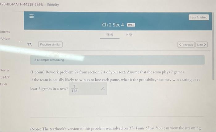 Solved A23-BL-MATH-M118-3698> Edfinity ements (Unizin Roster | Chegg.com