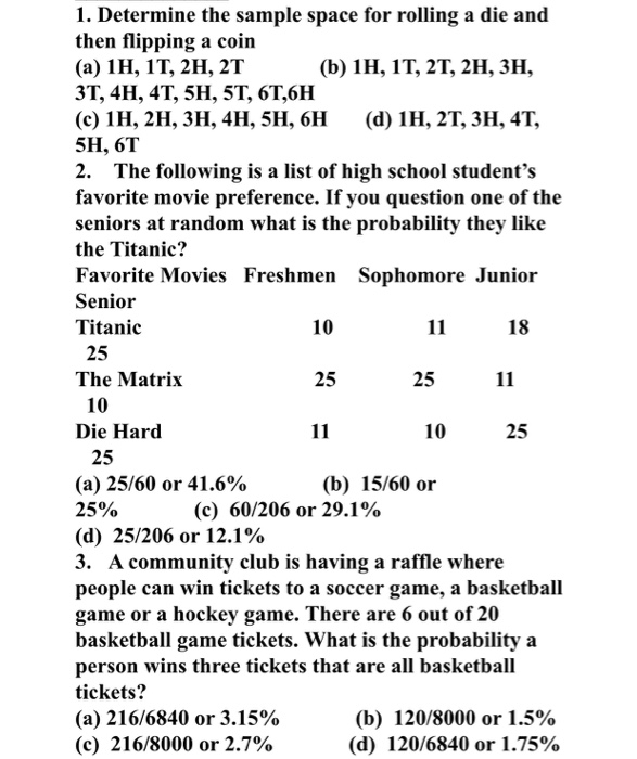 Solved 11 1. Determine the sample space for rolling a die | Chegg.com
