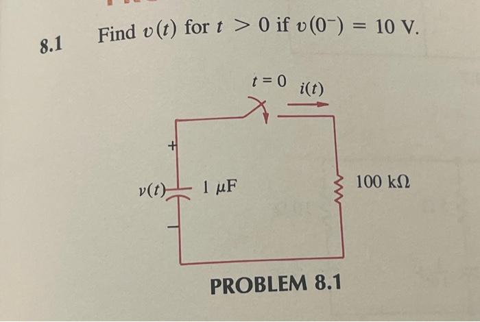 Solved 8.1 Find v(t) for t> 0 if v (0) = 10 V | Chegg.com