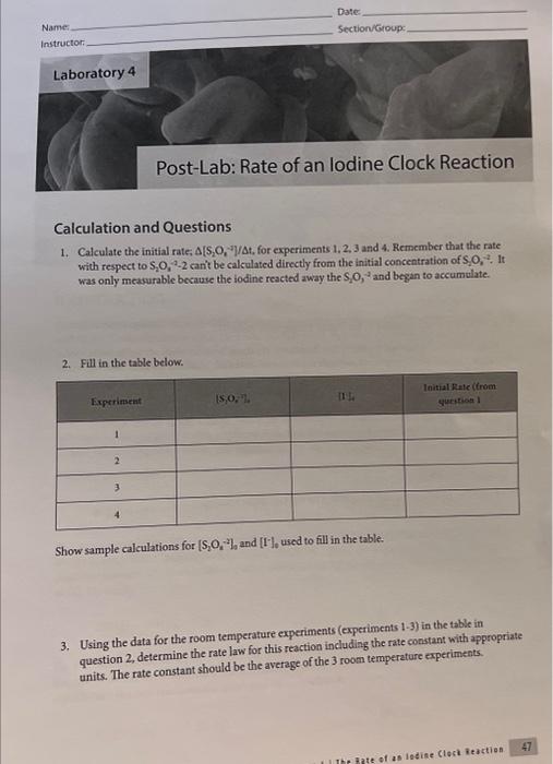 lodine Clock Reaction Data collection Laburabory 4 . | Chegg.com