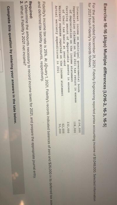 Solved Exercise 16-16 (Algo) Multiple differences (L016-2, | Chegg.com