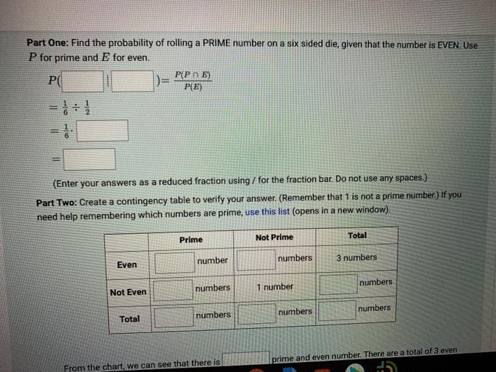 Solved Part One: Find the probability of rolling a PRIME | Chegg.com