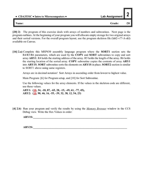 Cda3331c • Intro To Microcomputers Lab Assignment 