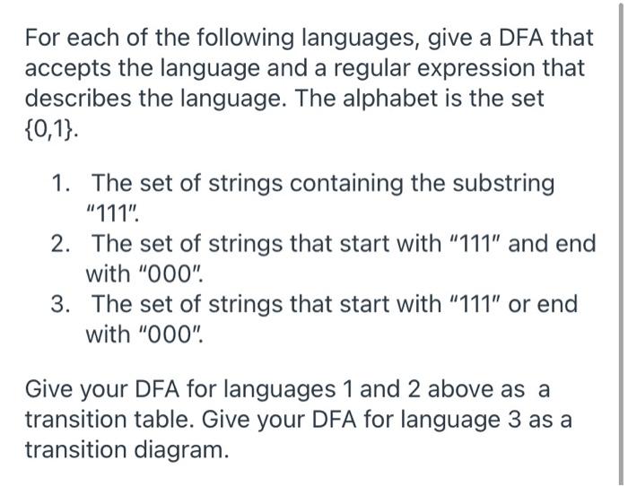 Solved For each of the following languages, give a DFA that | Chegg.com