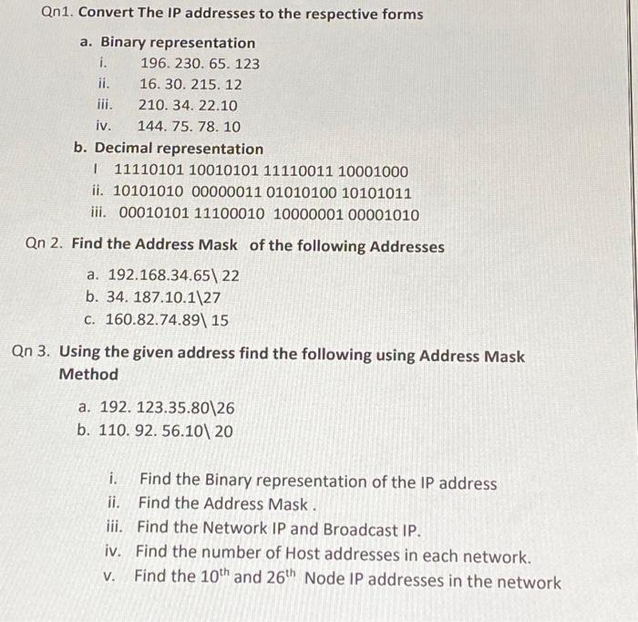 Qn1. Convert The IP addresses to the respective forms | Chegg.com