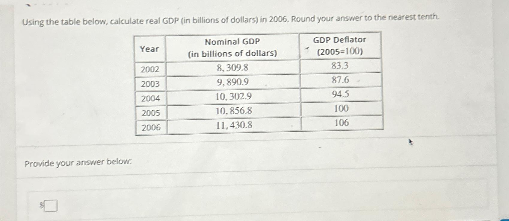 Solved Using the table below, calculate real GDP (in | Chegg.com