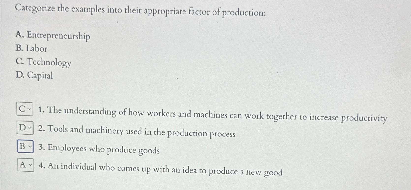 Solved Categorize the examples into their appropriate factor | Chegg.com