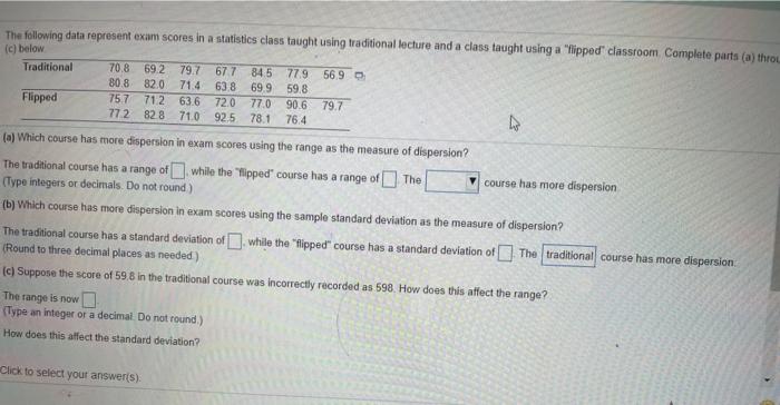 Solved The following data represent exam scores in a | Chegg.com