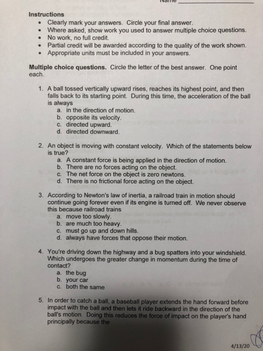 Solved Nalle Instructions • Clearly mark your answers. | Chegg.com