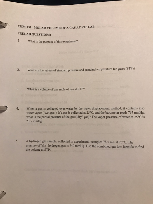 Solved CHM 151 MOLAR VOLUME OF A GAS AT STP LAB PRELAB | Chegg.com