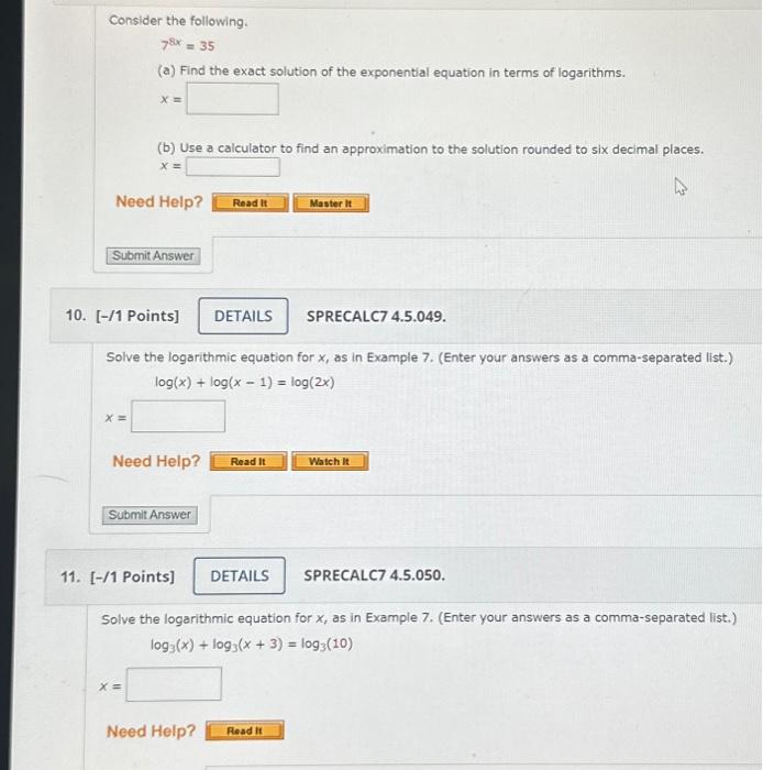 Solved Consider the following. 78x=35 (a) Find the exact | Chegg.com